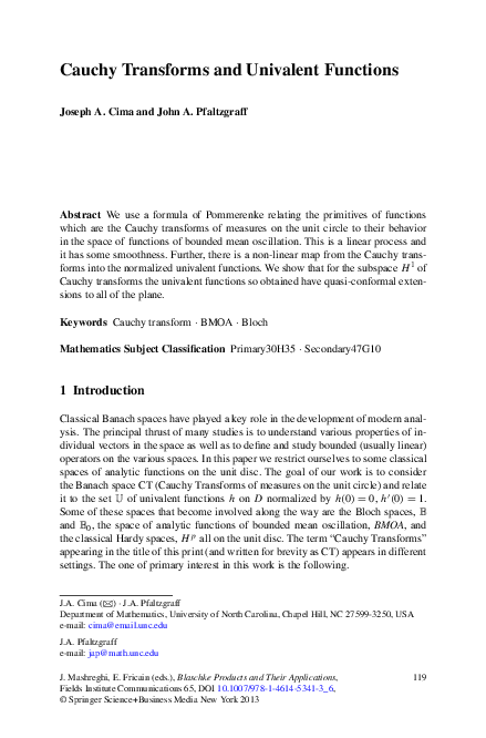 (PDF) Cauchy Transforms and Univalent Functions
