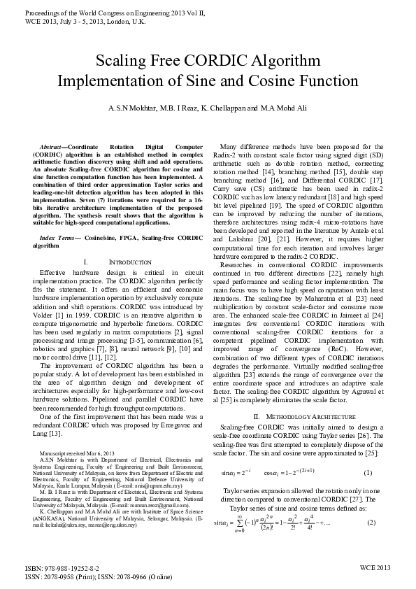 Pdf Scaling Free Cordic Algorithm Implementation Of Sine And Cosine Function Mamun Bin Ibne 