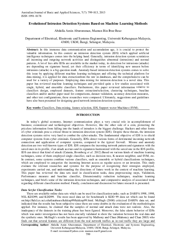 (PDF) Evolutionof Intrusion Detection Systems Based on Machine Learning Methods