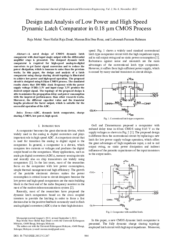 Pdf Design And Analysis Of Low Power And High Speed Dynamic Latch Comparator In 0 18 μ M