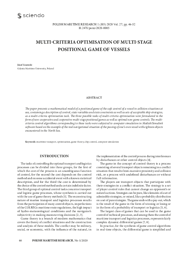 Pdf Multi Criteria Optimisation Of Multi Stage Positional Game Of Vessels