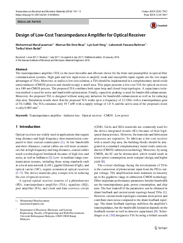 (PDF) Design of Low-Cost Transimpedance Amplifier for Optical Receiver
