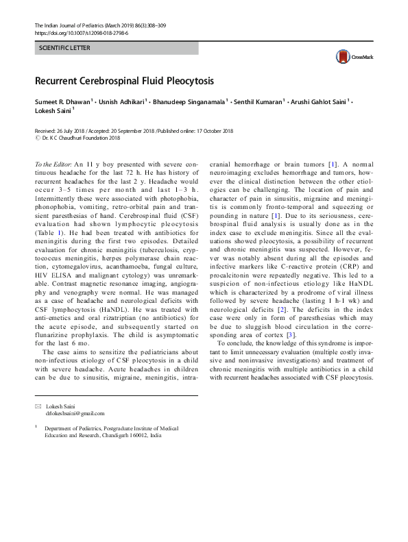 (PDF) Recurrent Cerebrospinal Fluid Pleocytosis