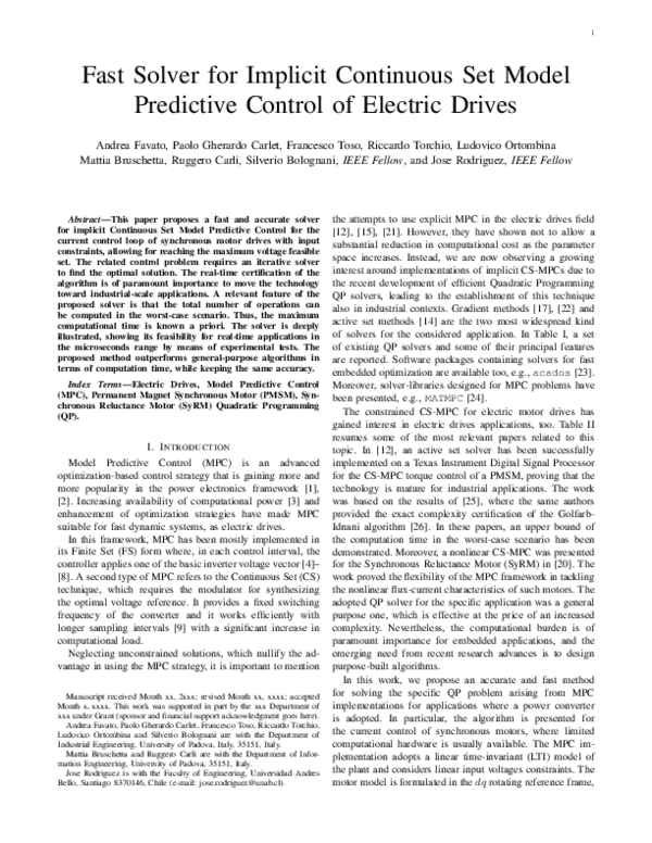 (PDF) Fast Solver for Implicit Continuous Set Model Predictive Control of Electric Drives