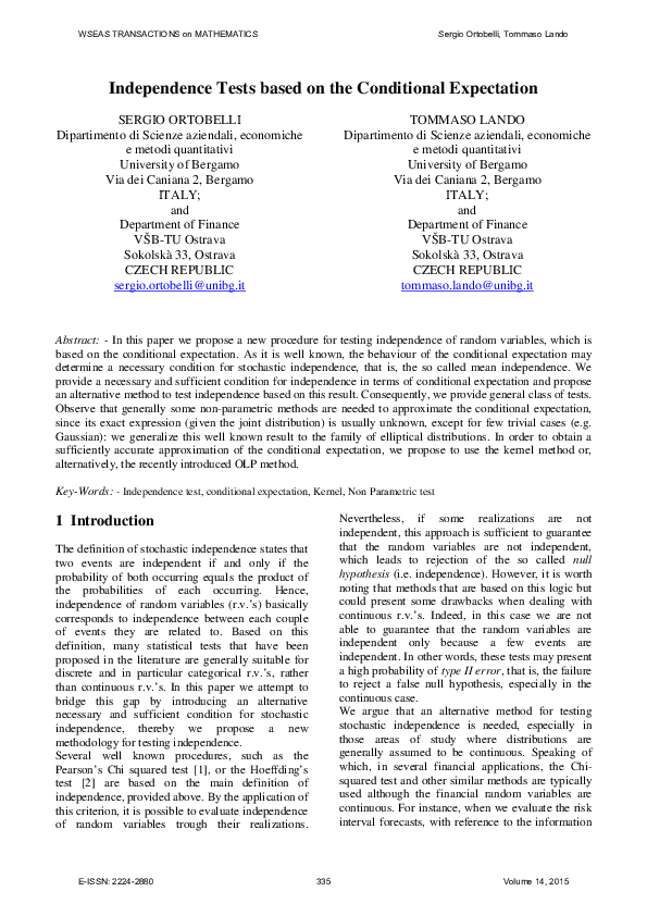 (PDF) Independence Tests based on the Conditional Expectation