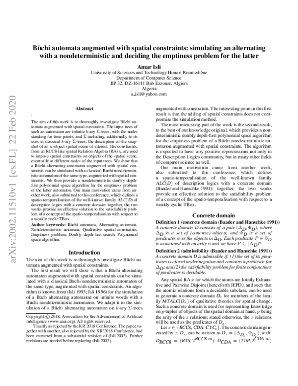 (PDF) Buchi automata augmented with spatial constraints: simulating an alternating with a ...