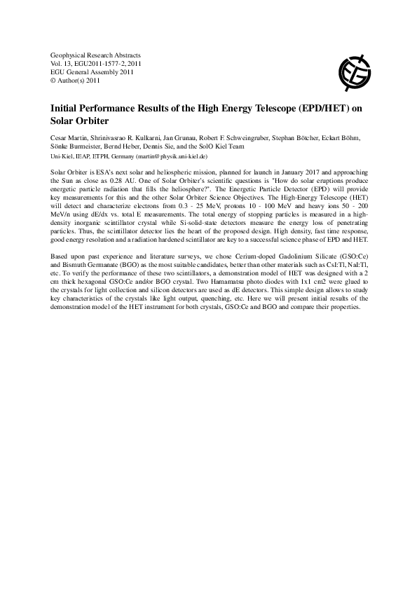 (PDF) Initial Performance Results of the High Energy Telescope (EPD/HET ...