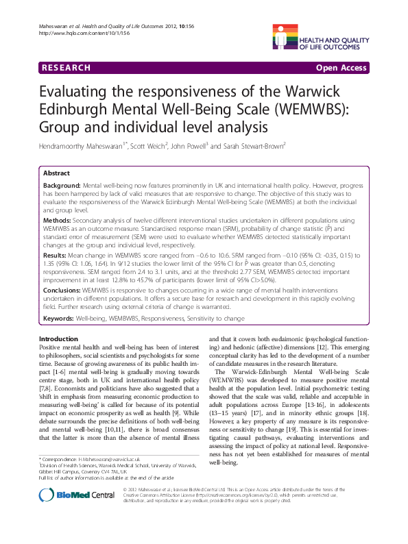 (PDF) Evaluating the responsiveness of the Warwick Edinburgh Mental ...