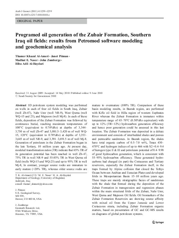 (PDF) Programed oil generation of the Zubair Formation, Southern Iraq ...