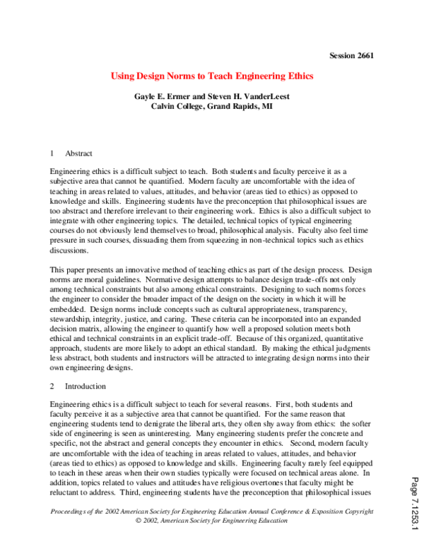 (PDF) Using Design Norms To Teach Engineering Ethics