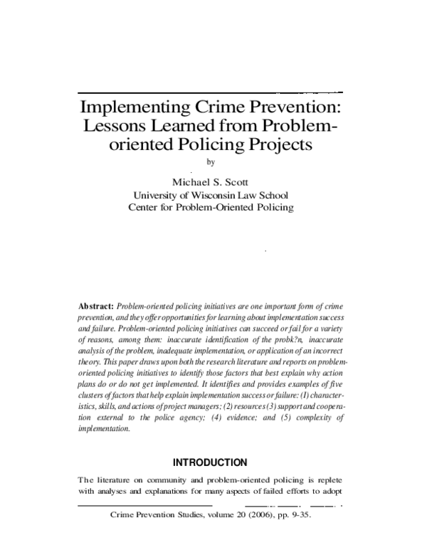 (PDF) Implementing crime prevention: Lessons learned from problem-oriented policing projects