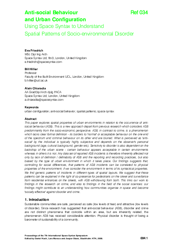(PDF) Anti-social Behaviour and Urban Configuration: Using Space Syntax to Understand Spatial ...