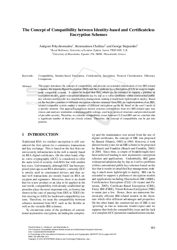 (PDF) The Concept of Compatibility between Identity-based and Certificateless Encryption Schemes