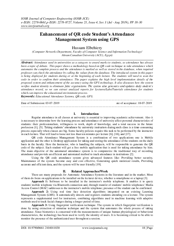 (PDF) Enhancement of QR code Student’s Attendance Management System using GPS