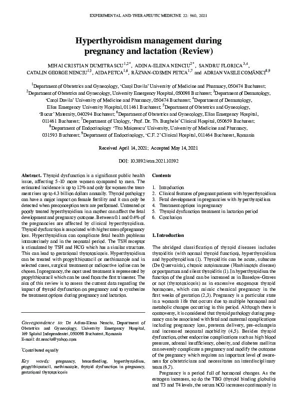 (PDF) Hyperthyroidism management during pregnancy and lactation (Review)