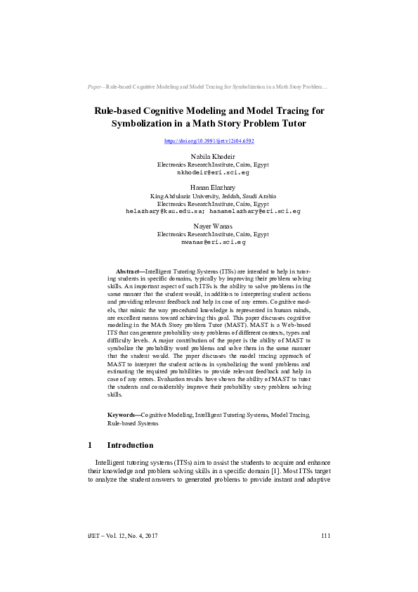 (PDF) Rule-based Cognitive Modeling and Model Tracing in a Math Story Problem Tutor