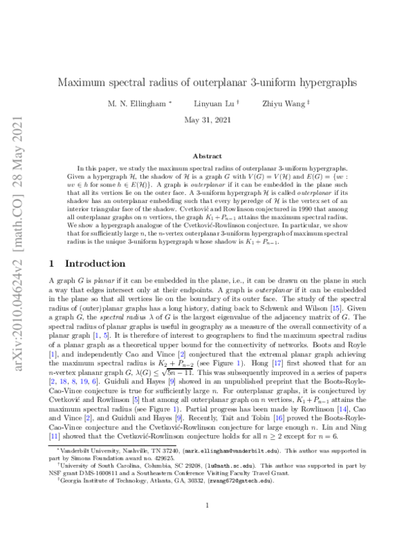 Pdf Maximum Spectral Radius Of Outerplanar 3 Uniform Hypergraphs