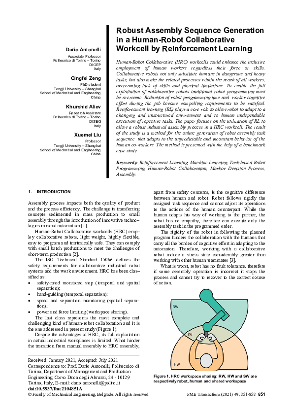 Pdf Robust Assembly Sequence Generation In A Human Robot