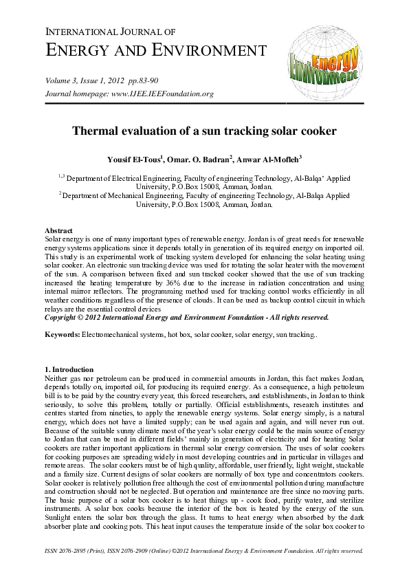 (PDF) Thermal evaluation of a sun tracking solar cooker