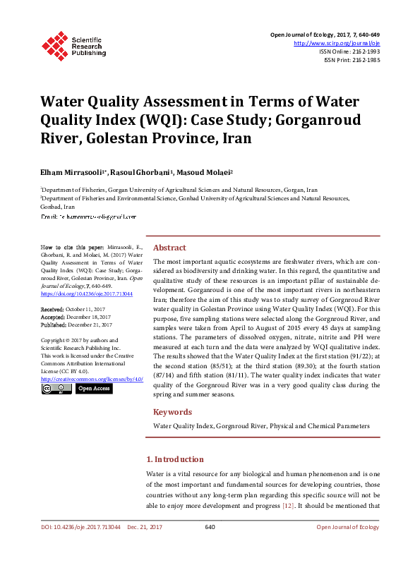 (PDF) Water Quality Assessment in Terms of Water Quality Index (WQI): Case Study; Gorganroud ...