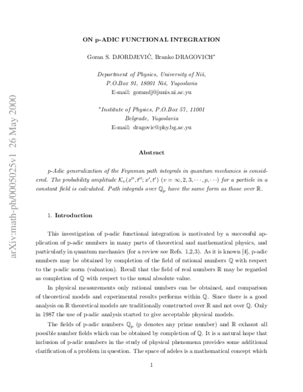 (PDF) On p-Adic Functional Integration
