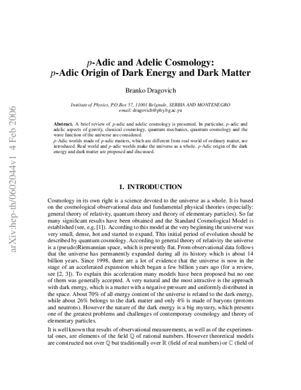 (PDF) eb 2 00 6 p-Adic and Adelic Cosmology : p-Adic Origin of Dark Energy and Dark Matter