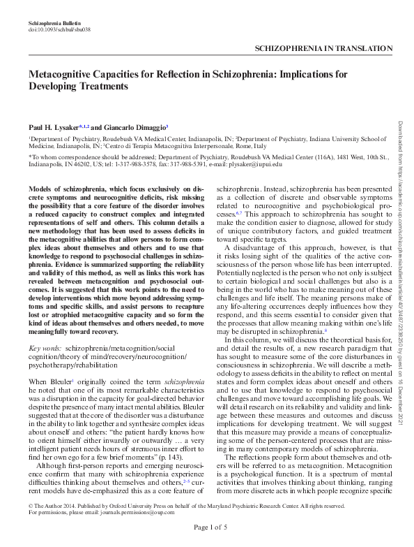 (PDF) Metacognitive Capacities for Reflection in Schizophrenia: Implications for Developing ...