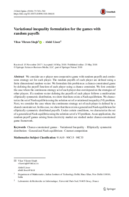 Pdf Variational Inequality Formulation For The Games With Random Payoffs