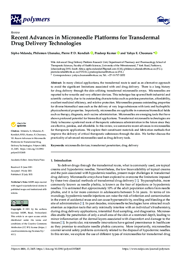 (PDF) Recent Advances in Microneedle Platforms for Transdermal Drug Delivery Technologies