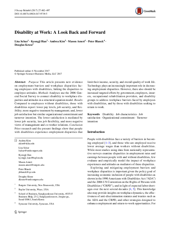 (PDF) Disability at Work: A Look Back and Forward