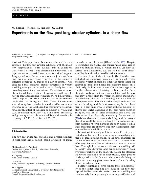 (PDF) Experiments on the flow past long circular cylinders in a shear flow