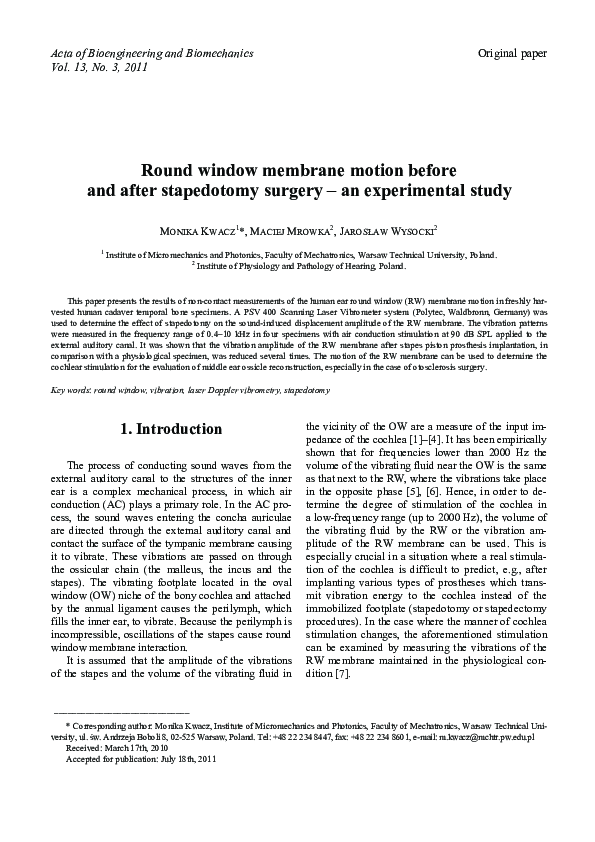 (PDF) Round window membrane motion before and after stapedotomy surgery ...