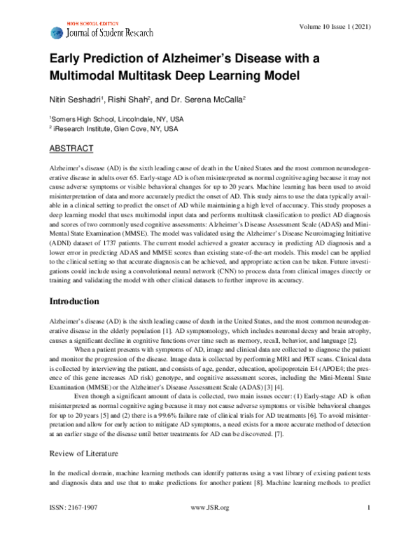 (PDF) Early Prediction of Alzheimer’s Disease with a Multimodal Multitask Deep Learning Model