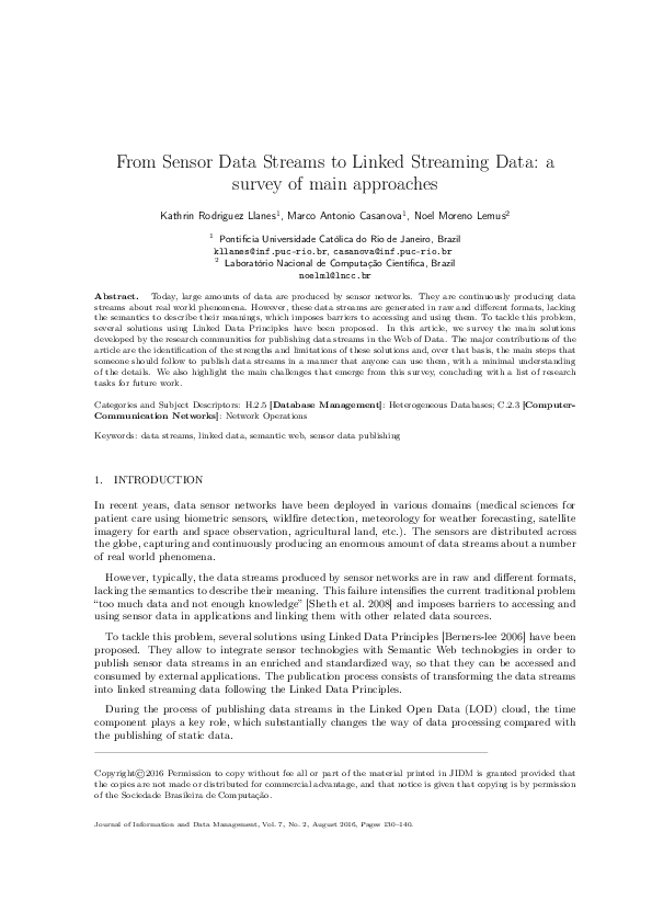 (PDF) From Sensor Data Streams to Linked Streaming Data: a survey of main approaches