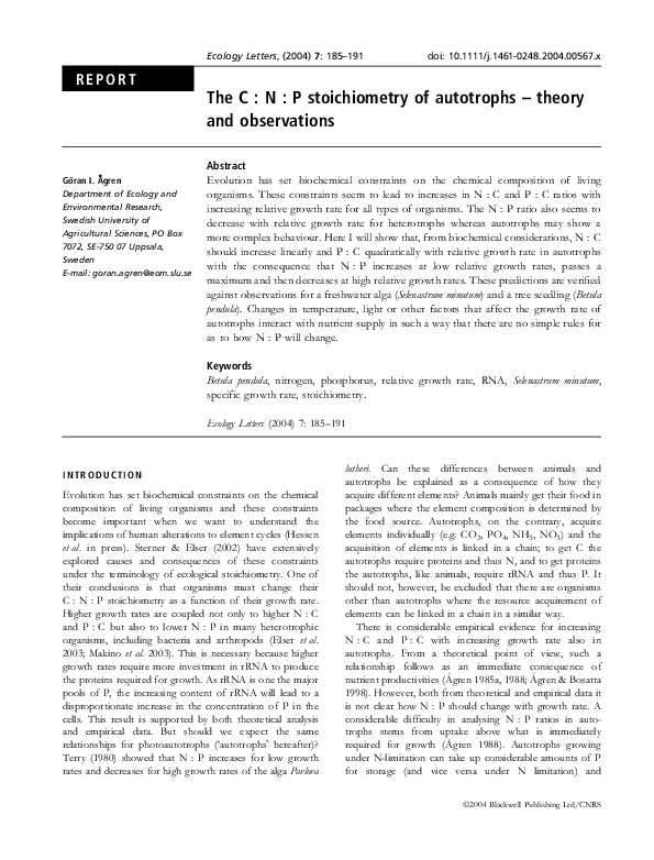 (PDF) The C : N : P stoichiometry of autotrophs - theory and observations