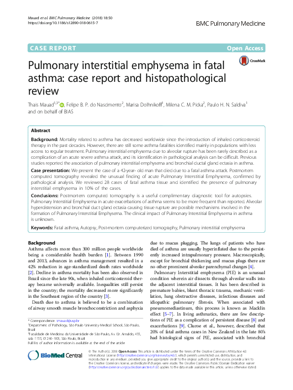 (PDF) Pulmonary interstitial emphysema in fatal asthma: case report and ...