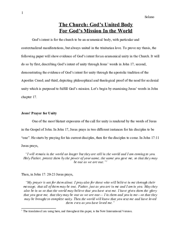 (DOC) The Church: God's United Body For God's Mission In the World