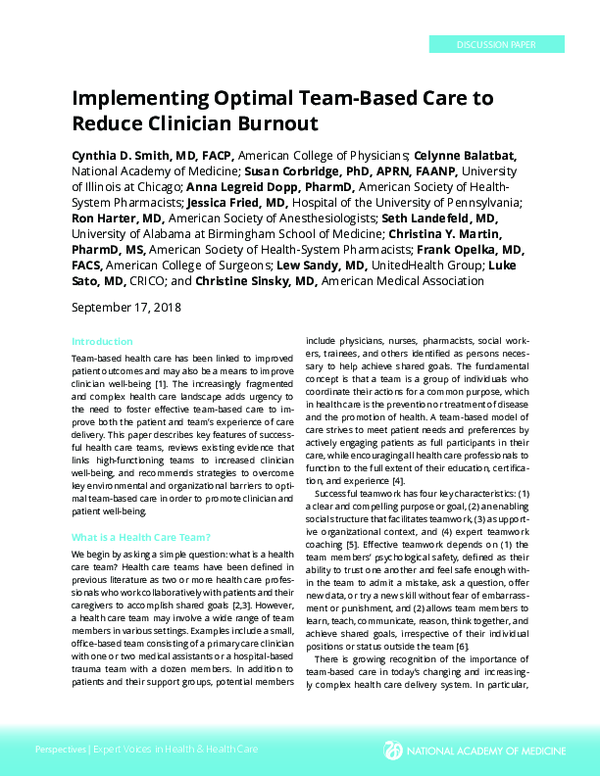 (PDF) Implementing Optimal Team-Based Care to Reduce Clinician Burnout