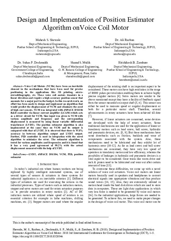 Pdf Design And Implementation Of Position Estimator Algorithm On Voice Coil Motor 9497