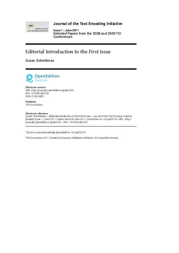 (PDF) Editorial Introduction to the First Issue