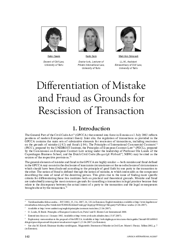 (PDF) Differentiation of Mistake and Fraud as Grounds for Rescission of ...