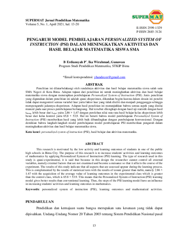 (PDF) Pengaruh Model Pembelajaran Personalized System of Instruction ...