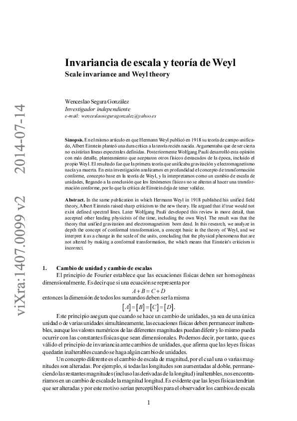 (PDF) Invariancia de escala y teoría de Weyl Scale invariance and Weyl theory