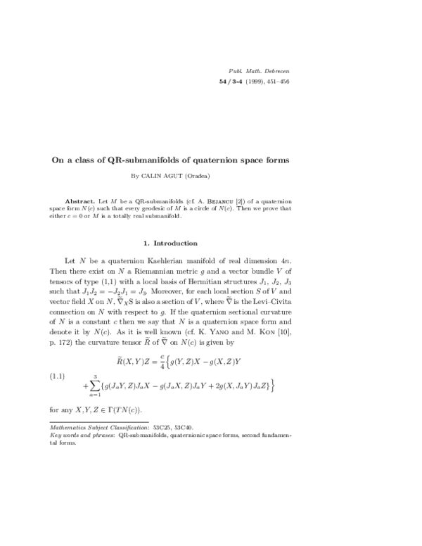 (PDF) On a class of QR-submanifolds of quaternion space forms