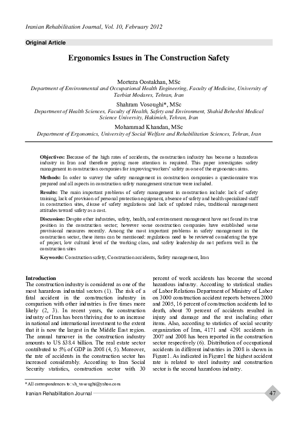 (PDF) Ergonomics Issues in The Construction Safety