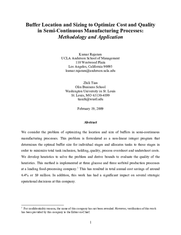 (PDF) Buffer location and sizing to optimize cost and quality in semi-continuous manufacturing ...