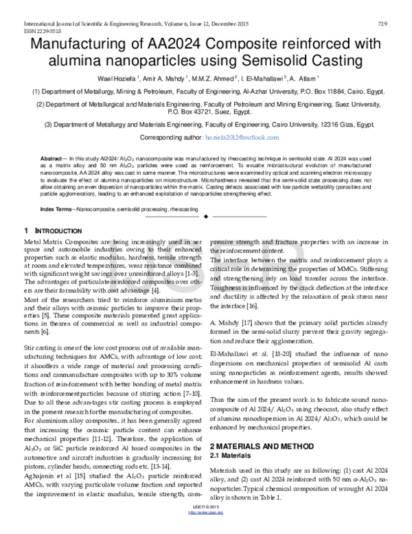 Pdf Manufacturing Of Aa2024 Composite Reinforced With Alumina Nanoparticles Using Semisolid