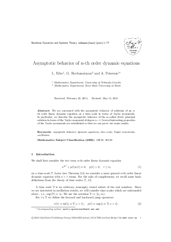 (PDF) Asymptotic Behavior of n-t h Order Dynamic Equations