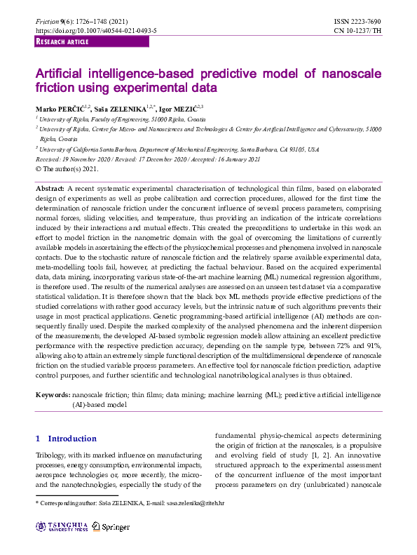 (PDF) Artificial intelligence-based predictive model of nanoscale friction using experimental data