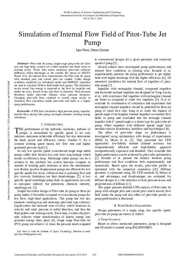 (PDF) Simulation of Internal Flow Field of Pitot-Tube Jet Pump